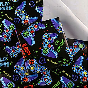 BULKYTREE Gaming Wrapping Paper with Cut Lines for Kids Boys Girls Men Birthday Holiday Party - 3 Large Sheets Video Game Gift Wrap “I'M Gaming”, Gamepad, “Play Game” Gift - 27 Inch X 39.4 Inch Per Sheet