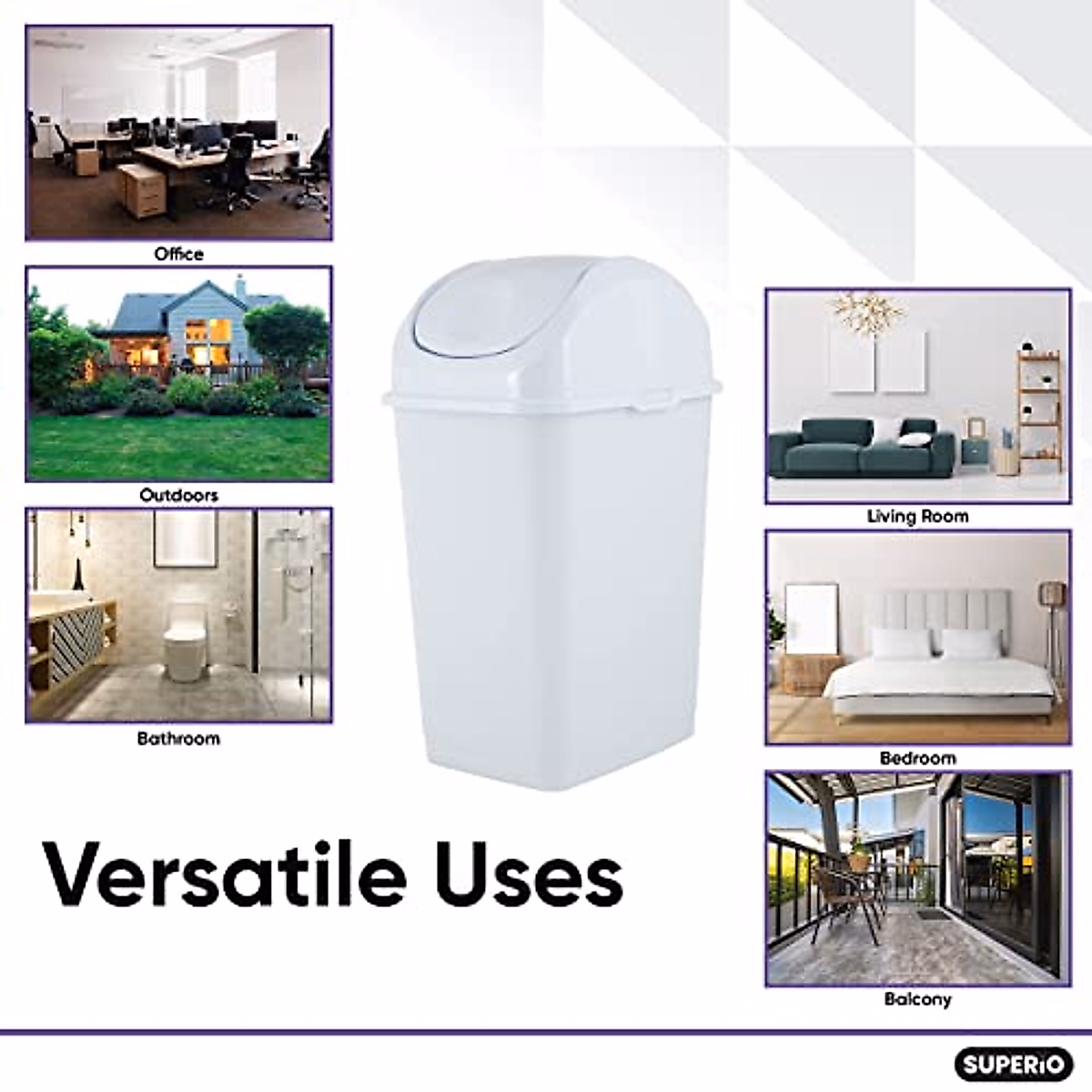 Superio Swing Top Trash Can, Waste Bin for Home, Kitchen, Office, Bedroom, Bathroom, Ideal for Large or Small Spaces - White (3 Pack- 4.5 Gal, 9 Gal, 13 Gal)