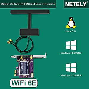 NETELY 802.11AX WiFi 6E 5400Mbps PCIE WiFi Adapter with Bluetooth 5.2 for Windows 10/11 64bit Desktop PCs, 2.4GHz 574Mbps, 5GHz 2400Mbps, and 6GHz 2400Mbps, Intel WiFi 6E AX210 PCIE WiFi Card (AX5400)
