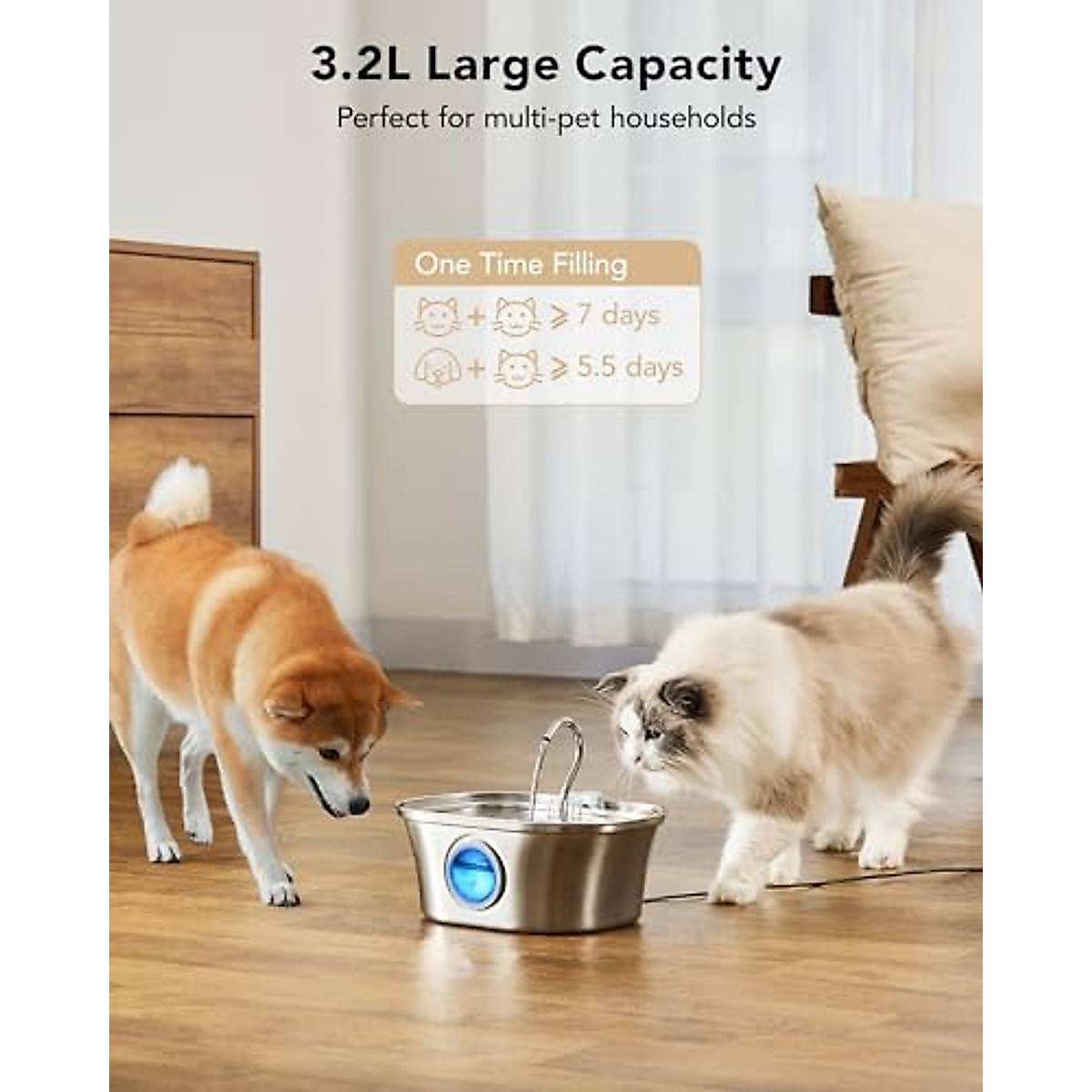 Cat Water Fountain with Water Level Window, HICC PULE 108oz/3.2L Stainless Steel Automatic Pet Water Fountain, Dishwasher Safe Dog Water Dispenser with Ultra-Quiet Pump, Multi-Filtration System