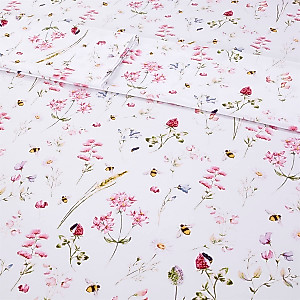 URBONUR 100% Egyptian Cotton Bed Sheets Full Size Set 4 Pcs,Cooling,Breathable Soft & Silky Percale Weave Floral Sheets Fits Mattress Up to 16" Deep Pocket (Pink Flowers & Bees, Full)