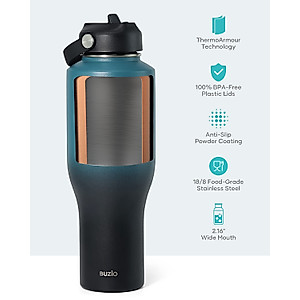 BUZIO 32oz 40 oz Insulated Water Bottle Tumbler Travel Flask Metal Canteen with Straw Lid and Flex Cap, Fits in Any Car Cup Holders Keep Cold for 48 Hrs, Hot for 24 Hrs