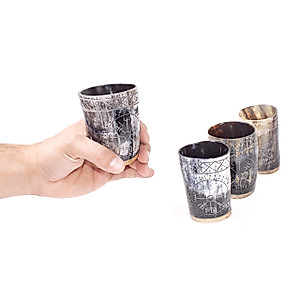 Ox Horn Shot Glass Set of (4) Toasting Craftsmanship Genuine Ox Hand Crafted Engravings Ethically Sourced Viking Horn Drinking Cup Viking Gift For Men Cave Polished Cups