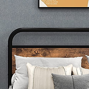 Albearing Metal Full Size Bed Frame with Wooden Headboard and Footboard, Heavy Duty Oval-Shaped Platform Bed with Under-Bed Storage, Steel Slats Mattress Foundation Round Pipe Design，Brown