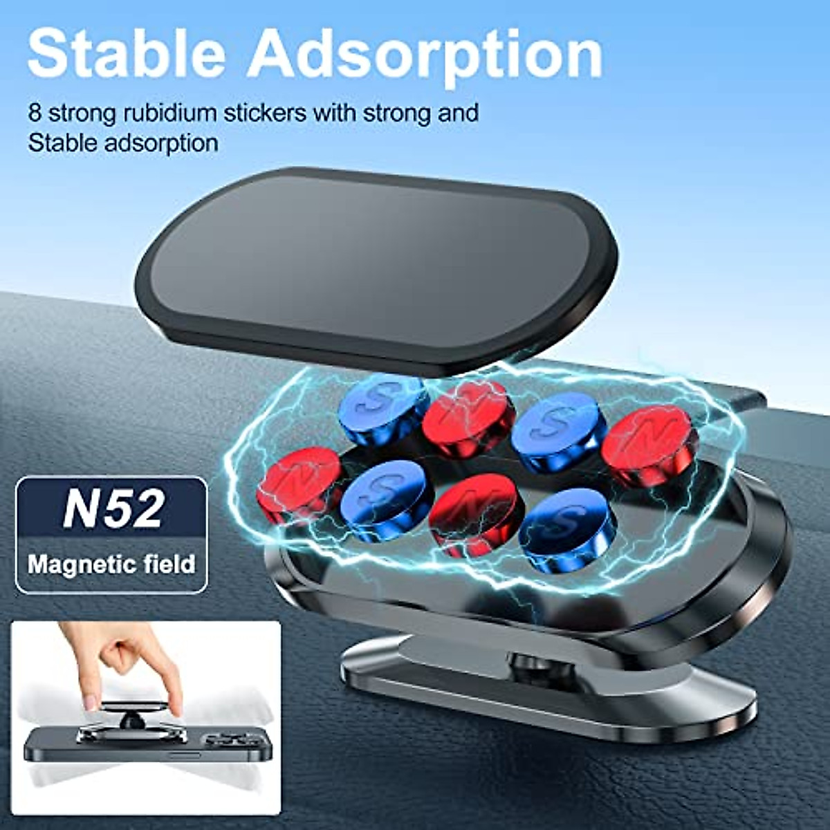 2-Pack Magnetic Phone Holder for Car, [8 Strong Magnet] Car Phone Mount Zinc Alloy Magnetic Car Phone Holder Mount 360° Rotation Car Magnetic Mount Universal Dashboard Cell Phone Holder for All Phones