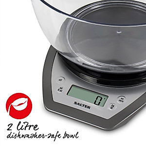 Salter 1024 SVDR14 Digital Kitchen Scale with Bowl- 2L Dishwasher Safe Mixing Bowl, Easy Dual Pour Wide & Narrow Spouts, Measure Liquids, Add & Weigh Function, Easy Read Display, 5kg Capacity, Silver