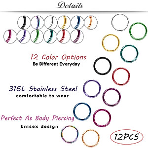 Drperfect 12 Pcs Septum Rings 316L Stainless Steel Cartilage Hoop Earrings Hinged Segment Clicker Septum Nose Rings Hoop Helix Daith Tragus Earrings Body Piercing for Women Men 16G 18G