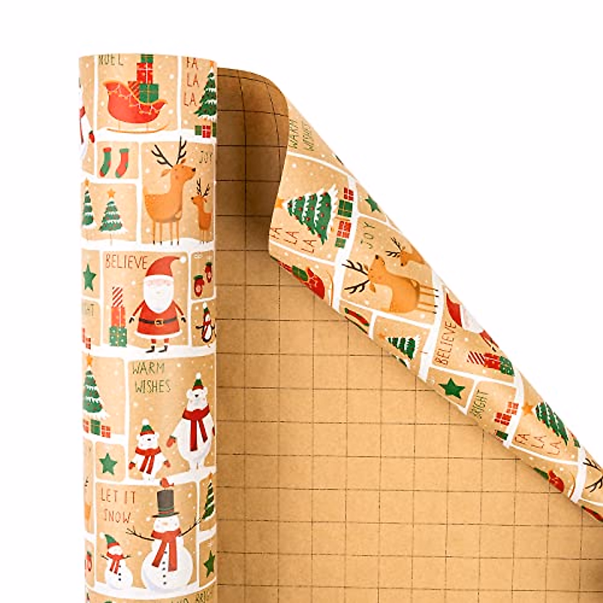 RUSPEPA Christmas Wrapping Paper, Jumbo Roll Kraft Paper - Red and Green Santa Claus, Polar Bear, Penguin, Snowman, Reindeer and Sleigh Design for Holiday Gift Wrap - 30 Inches x 100 Feet
