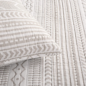 Lush Decor Hygge Geo Pattern Striped 3 Piece Quilt Bedding Set, Full/Queen, Taupe & White