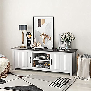 Tangkula 2 Doors TV Stand for TVs up to 65”, 57” TV Console Table with 2 Cabinets & Open Shelves, Media Entertainment Center with 2 Cable Management Holes, Wood TV Cabinet for Living Room (Dark Brown)