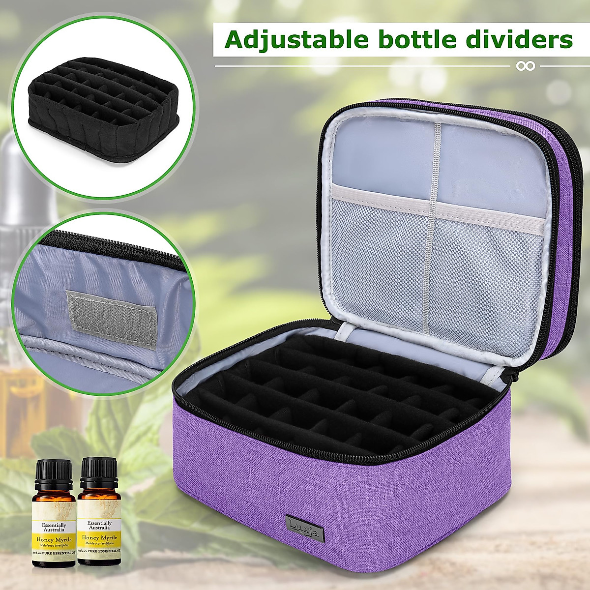 LUXJA Essential Oil Carrying Case - Holds 30 Bottles (5ml-30ml, Also Fits for Roller Bottles), Double-Layer Organizer for Essential Oil and Accessories, Purple (Bag Only)