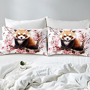 Manfei Red Panda Kawaii Bedding Set Twin Size,Pink Cherry Blossom Spring Blooming Floral Duvet Cover with 1 Pillow Comforter Cover(No Filler) for Kids,Cute Wild Animal Nature Quilt Cover Set 2 Pcs