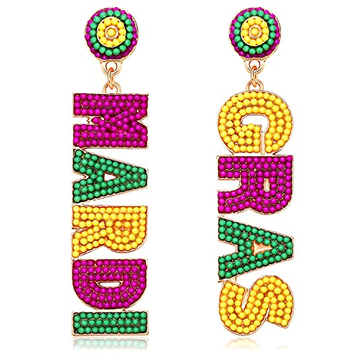 Beaded Mardi Gras Earrings for Women Handmade Bead Crown Fleur De Lis Drop Dangle Earrings Costume Party Parade Earrings Festive Holiday Gifts (Letter)