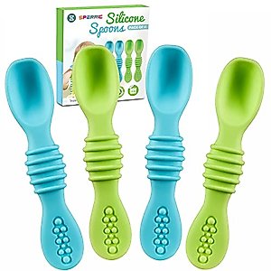 Silicone Baby Spoons for Baby Led Weaning 4-Pack, First Stage Baby Feeding Spoon Set Gum Friendly BPA Lead Phthalate and Plastic Free, Great Gift Set (Blue)
