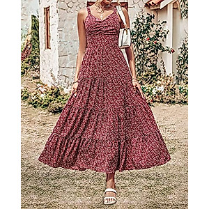 BTFBM Women Sleeveless V Neck Summer Maxi Dresses 2023 Print Backless Strap Tie Back Beach Party Pleated Long Boho Dress(Floral Wine Red, Large)