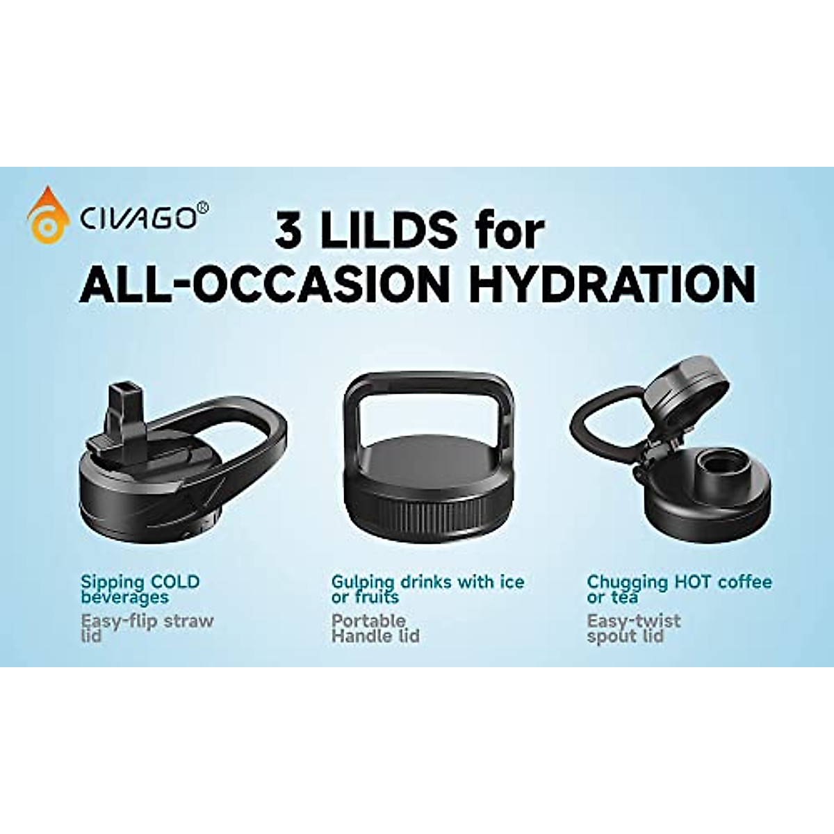 CIVAGO 32 oz Insulated Water Bottle With Straw, Stainless Steel Sports Water Cup Flask with 3 Lids (Straw, Spout and Handle Lid), Wide Mouth Travel Thermo Mug, Midnight Black