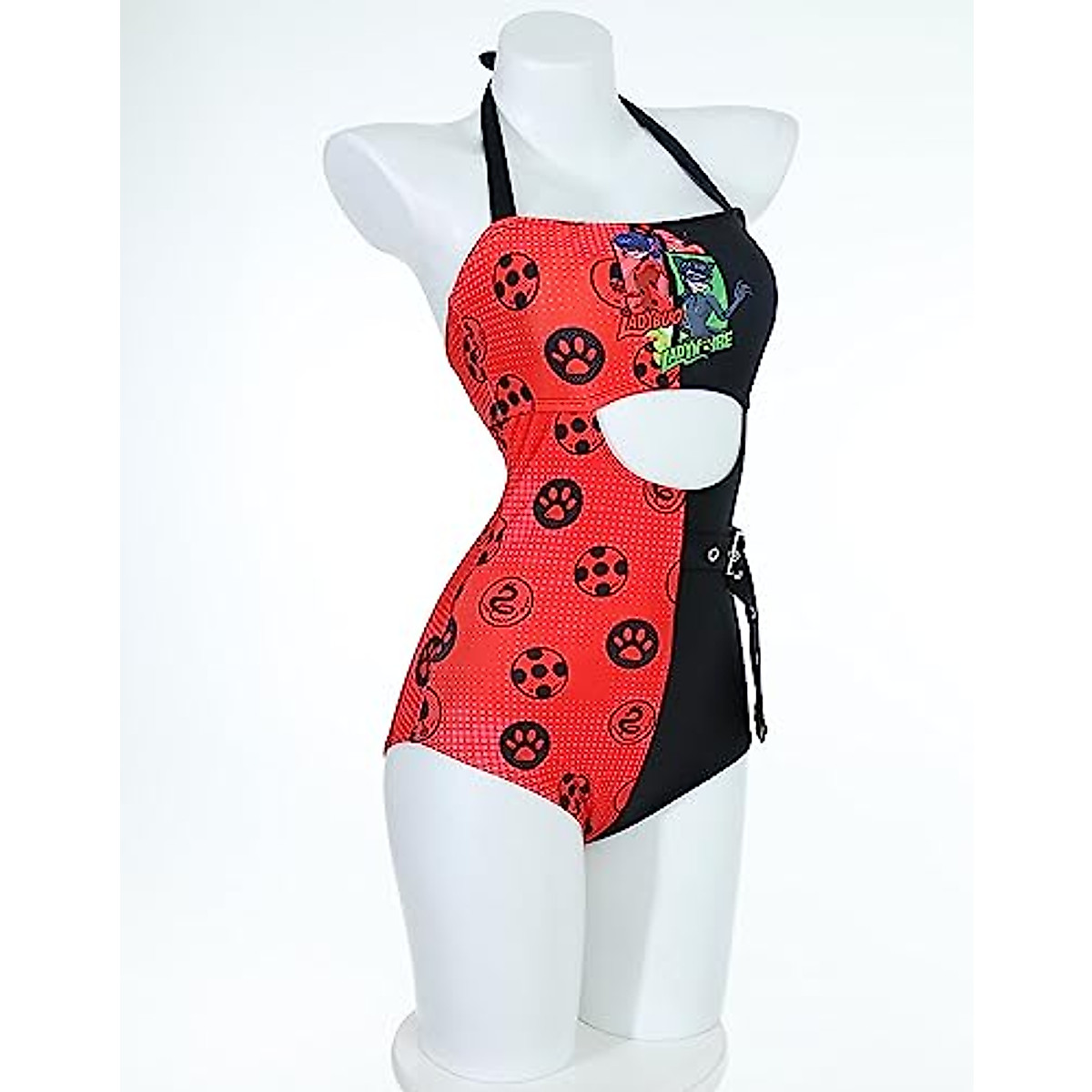Miraculous Women's Ladybug and Lady Noir Beach Halter One Piece Swimsuit Bathing Suit (as1, Alpha, m, Regular, Regular, Black and Red)