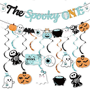 K KUMEED Blue Halloween Birthday Party Banner,The Spooky One Banner and Hanging Swirl Decorations Kit,Cute Ghost Pumpkin Bat Swirl Streamers for First Birthday Party Decorations Boys Girls