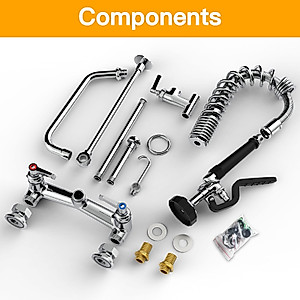 FAUAID Commercial Sink Faucet with Sprayer 25" Height 8" Adjustable Center 10" Swing Spout,Brass Constructed Wall Mount Commercial Faucet with Pull Down Pre-Rinse Sprayer for 1/2 Compartment Sink（25"）