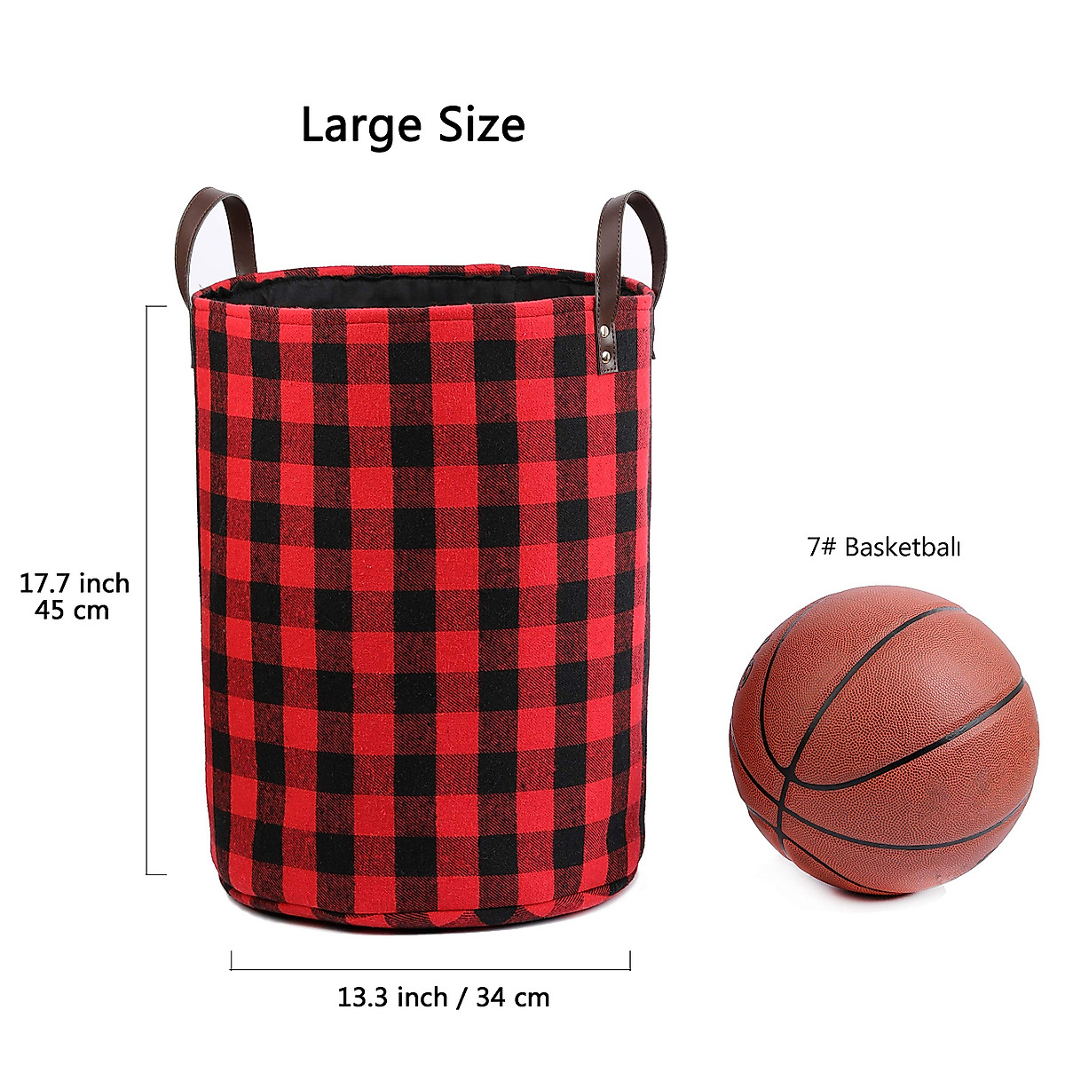 17.7" Large Collapsible Storage Basket with Leather Handles, Red Buffalo Plaid Woolen Fabric Foldable Tote Bags Round Home Decorative Organizer Bin