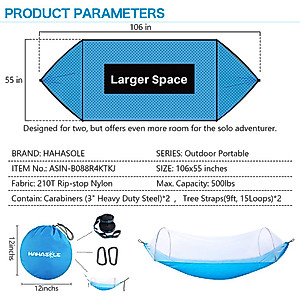 HAHASOLE Camping Hammock with Mosquito Net - Includes Tree Straps & Carabiners - Ripstop Nylon Lightweight & Portable Travel Bed Set with Bug Net for Hiking Backpacking Beach, Easy Setup Outdoor Gear