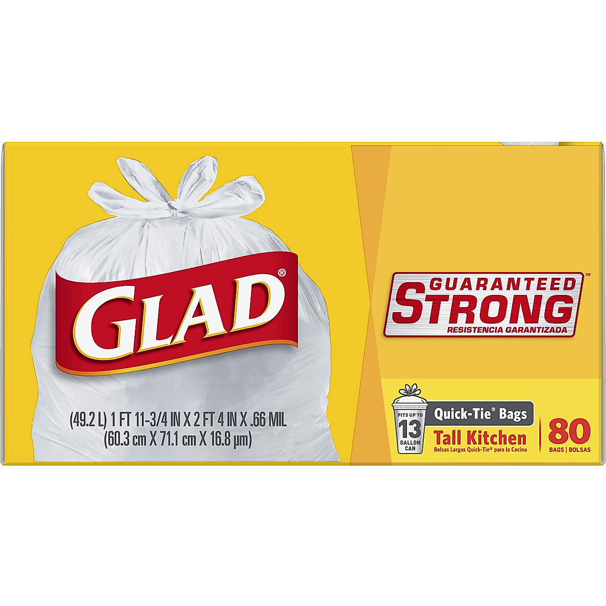 GLAD Tall Quick-Tie Trash Bags, 13 Gallon White Trash Bags for Tall Kitchen Trash Can, 80 Count - Packaging May Vary