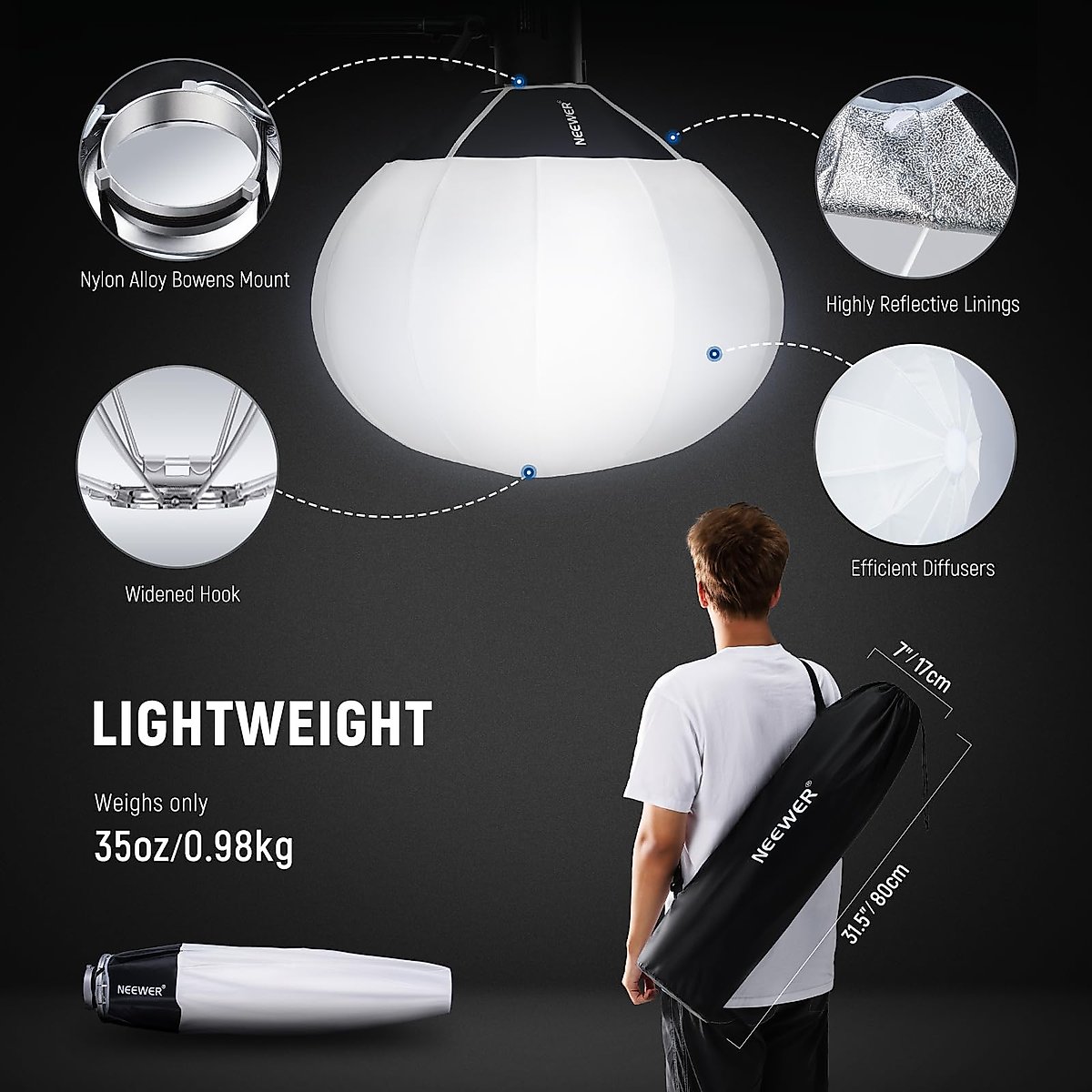 NEEWER 26"/65cm Lantern Softbox, Quick Release 360° Light Diffuser Bowens Mount Softbox with Lightweight Nylon Alloy for RGB CB60 CB60B CB200B MS60B MS60C MS150B Continuous LED Video Lights, NS26L