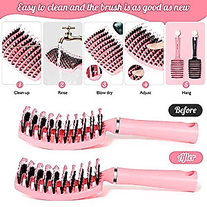 Hair Brush,URTHEONE Detangling Hairbrush Boar Bristle Curved Vented Hair Brush for Women Men Kids Curly Thick Long Short Wet or Dry Hair, Faster Blow Drying(2Pack, Black&Pink)