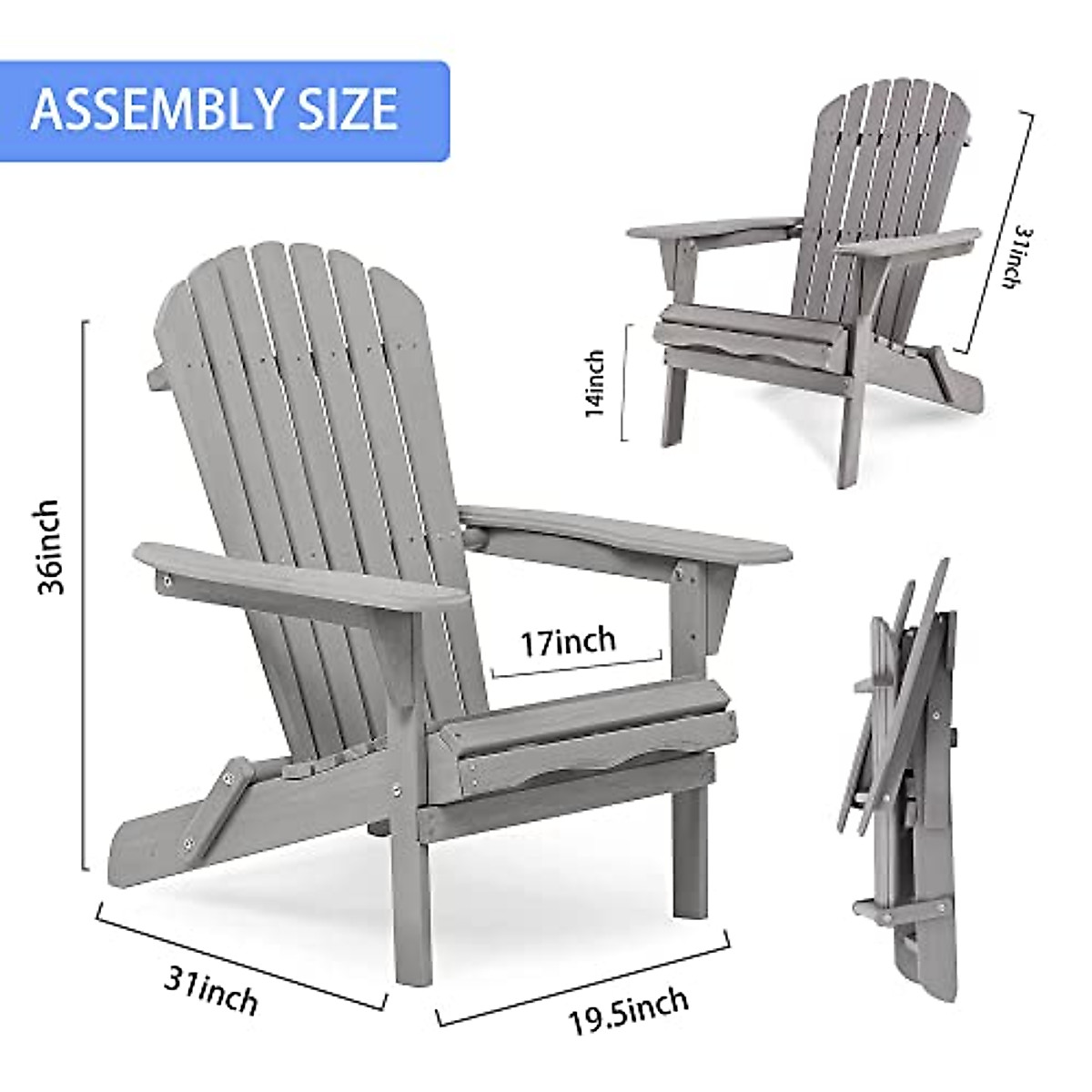 Ajikgn Outdoor Wooden Folding Set of 2 Solid Cedar Wood Lounge Patio Garden, Lawn, Backyard Adirondack Chair, Gray
