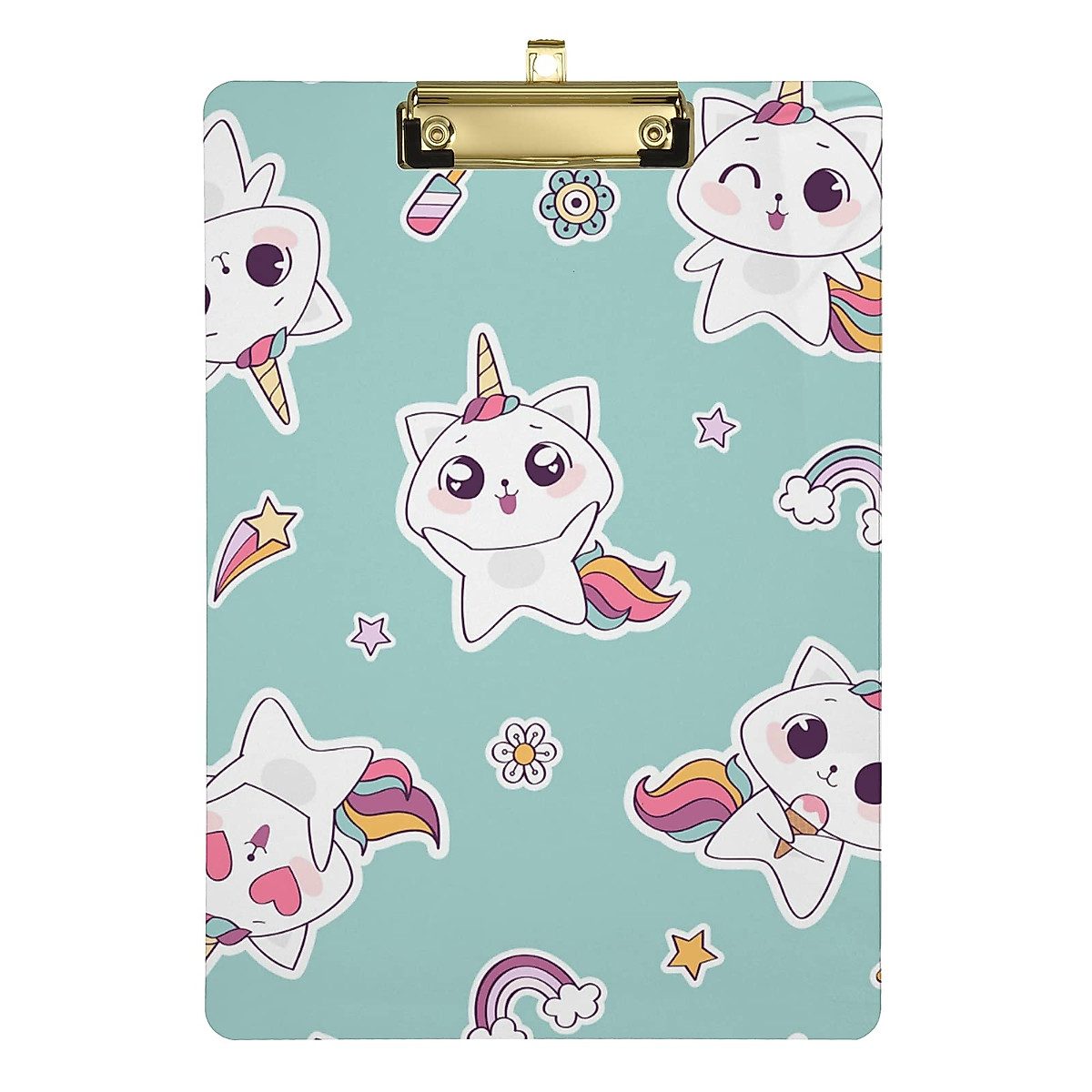 Plastic Clipboard Cute Unicorn Cat Caticorn A4 Letter Size 12.5 x 9 Inch with Metal Low Profile Clip for Office Classroom Students Coaches （Gold Clip）