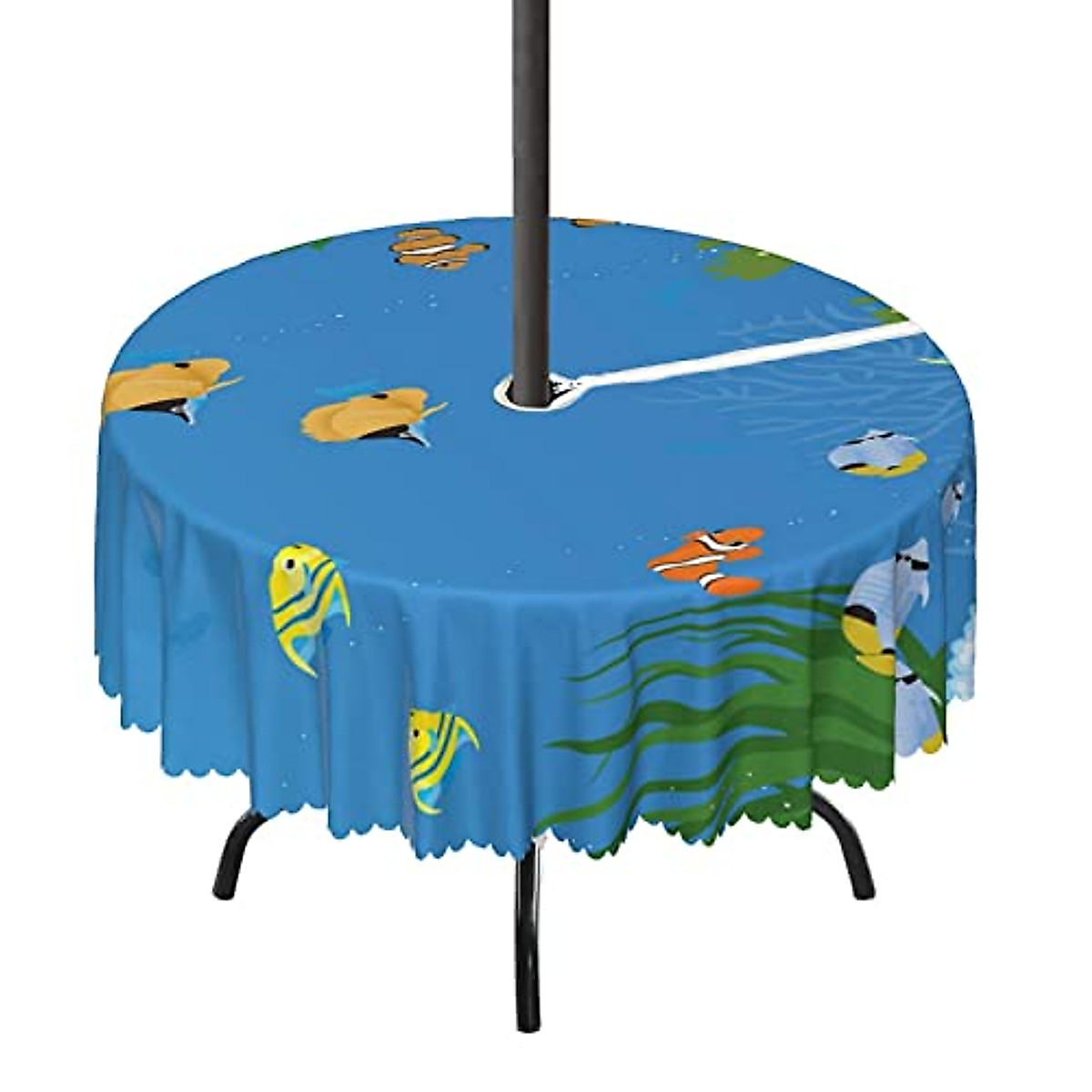 Lirduipu Aquarium Leaf Pattern Round Outdoor Tablecloth,Outdoor Round Tablecloth with Umbrella Hole - Water Resistant Spillproof,for Umbrella Table Patio Garden(72" Round,Multicolor)