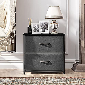 CubiCubi Dresser Nightstand for Bedroom, Small Kids Bedroom Fabric Tall Dresser 2 Drawer Storage Tower Organizer Unit for Hallway Entryway Closets, Steel Frame Wood Top, Black Grey