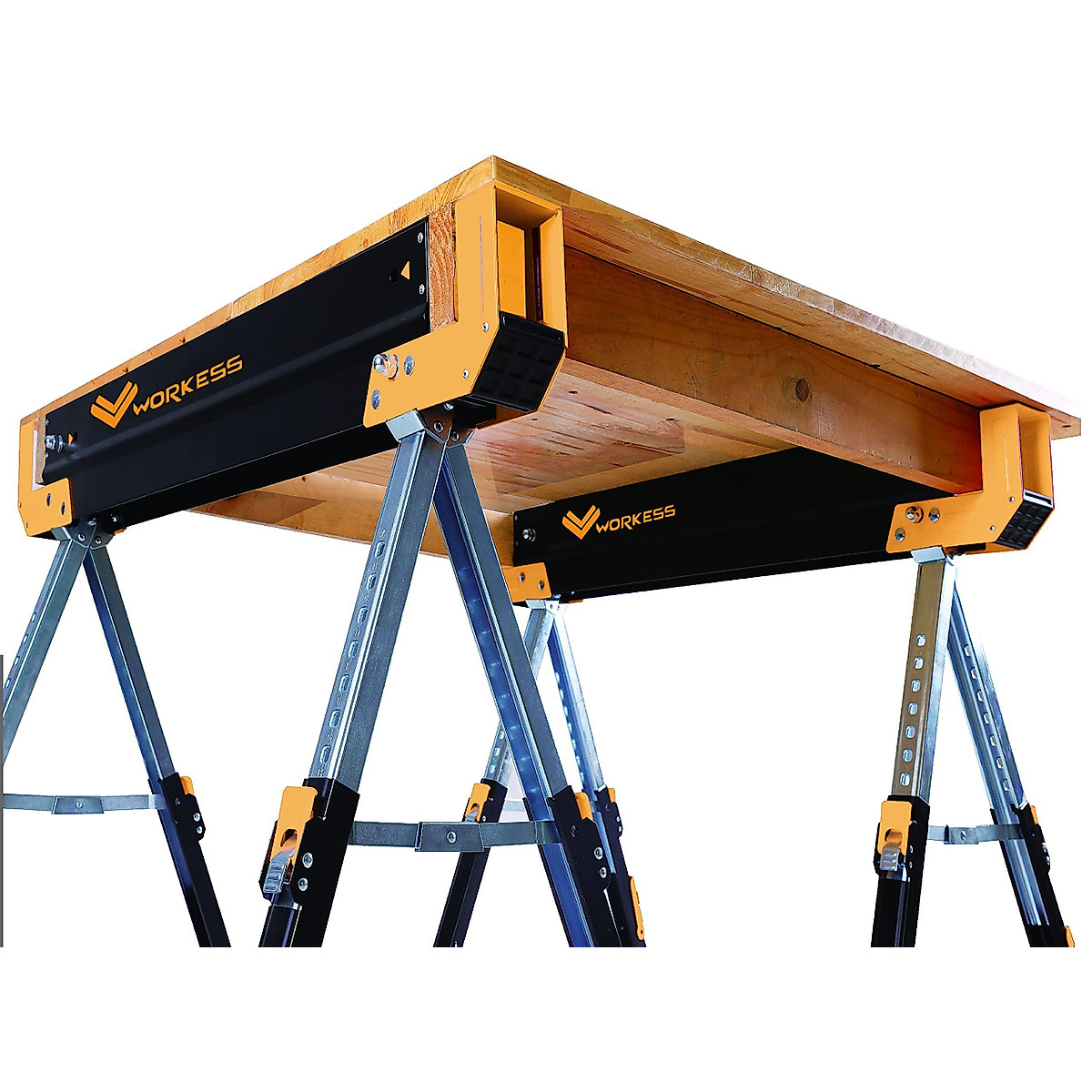 WORKESS Saw Horses 2 Pack Folding, 2600 Lbs Load Capacity & 24-32 Inch Adjustable Height Heavy Duty Sawhorse Table with 2x4 Support Arms, Portable Folding Legs and Easy Grip Handle for Woodworking
