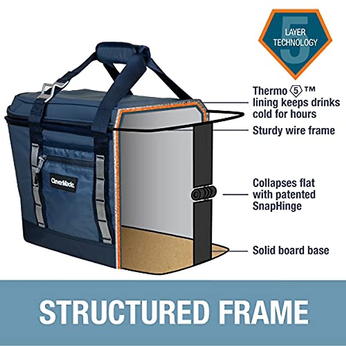 CleverMade Maverick Collapsible Cooler Bag - 50 Can Insulated Leakproof Soft Sided Beverage-Tote with Shoulder Strap, Bottle Opener and Storage Pockets, Grey/charcoal, Large, One Size