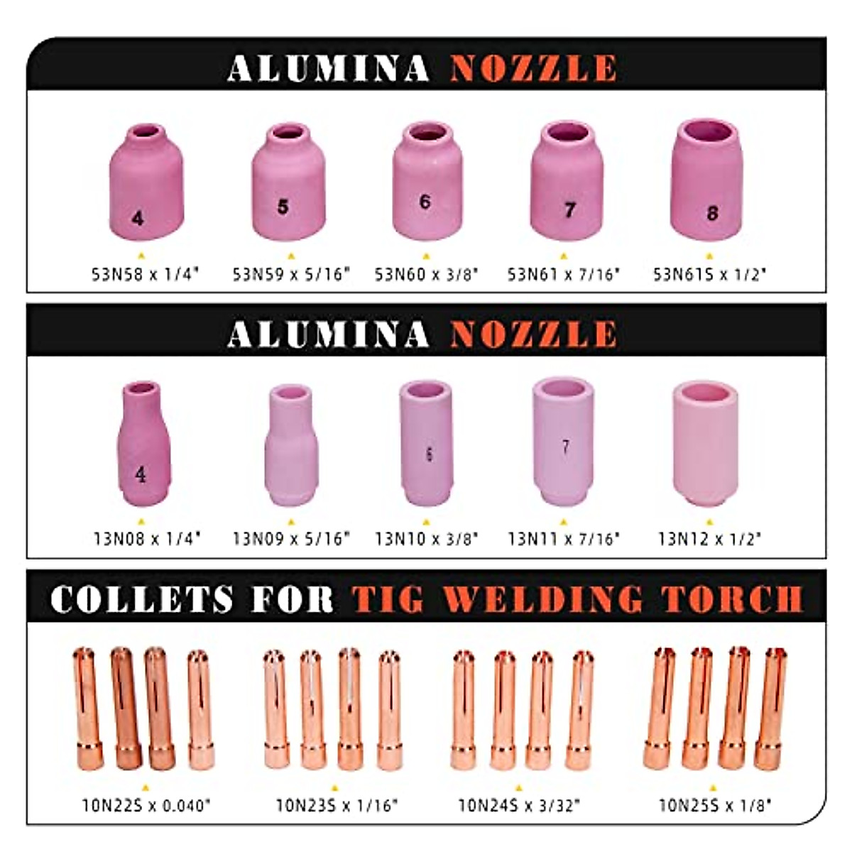 63PCS TIG Welding Torch Accessories Kit TIG Welding Torch Supplies Welding Collet Gasket Back Cap Stubby Gas Lens Glass Cup Alumina Nozzle Accessoory Kit for WP-17/18/26