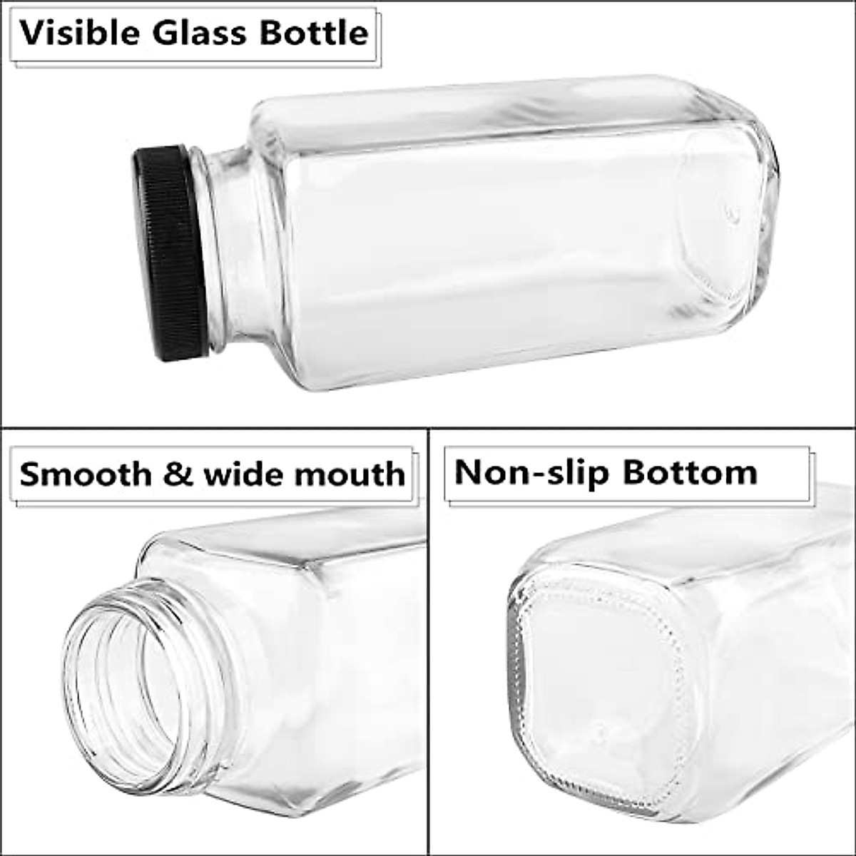 GUANENA 12 Pack Glass Drink Bottles, 8.5 OZ Vintage Square Water Bottles with Lids, Juice Bottles Beverages Containers for Milk, Kombucha, Smoothies