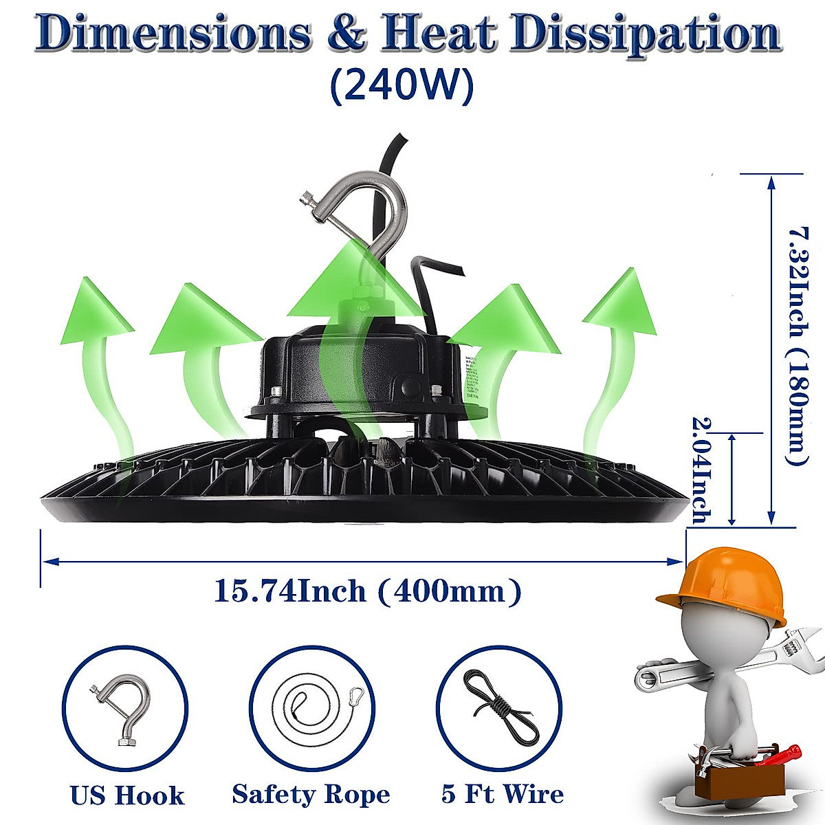 480V 240W UFO LED High Bay Light, 38400LM 5000K 1-10V Dimmable LED Shop Light, 5ft Cord 1000W HID/HPS Equivalent LED Warehouse Workshop Light, IP65 Waterproof DLC ETL Certified (240)