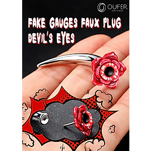 OUFER 2PCS Fake Lobe Earrings, 18G Devil's Eyes Lobe Piercing Jewelry, Fake Devil's Teeth Fake Gauges Faux Plug Taper 3D Devil's Flowers Body Piercing Jewelry For Women And Men