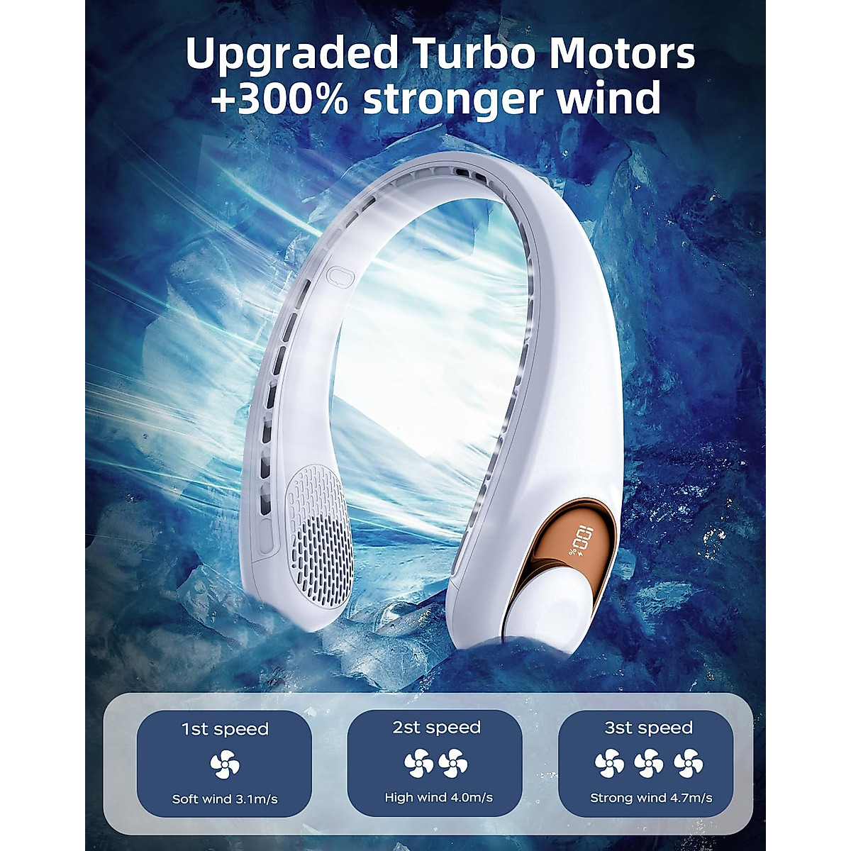 Neck Fan, Personal Fan with LED Display, USB-C Rechargeable, 5200mAh-Battery, 3-Speed Adjustment & Whisper-Quiet Operation, Perfect for Home, Travel, Sports