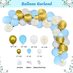 Fiesec Baptism Decorations for Boys, First Communion Christening Party Decorations God Bless Backdrop Balloon Garland Arch Linen Banner Poster Cake Cupcake Topper White Gold Blue