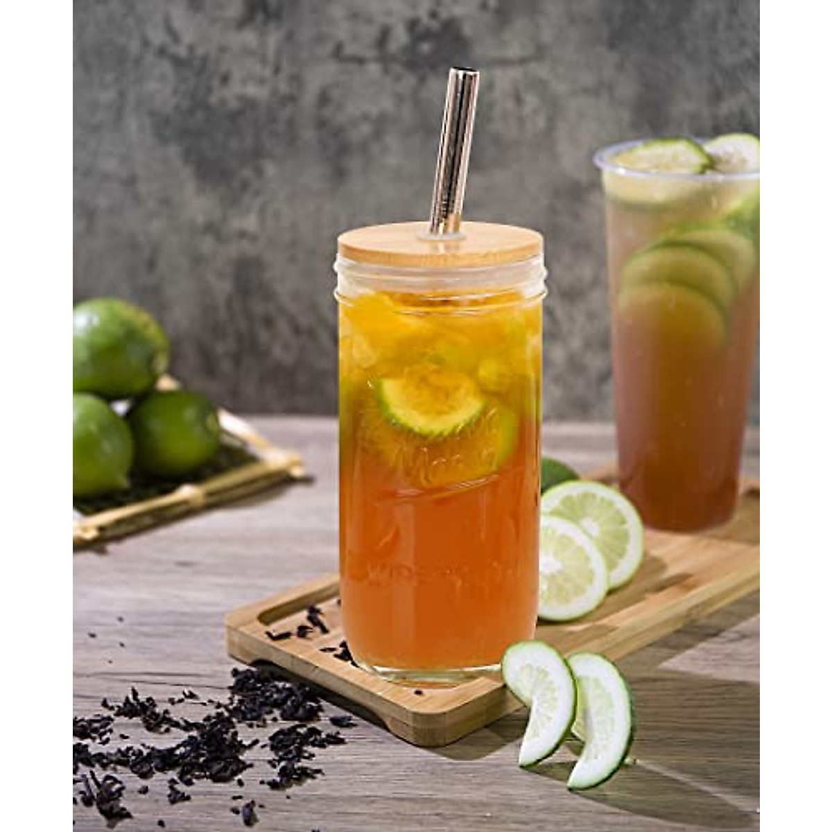 Mason Jar with Lid and Straw, ANOTION 24oz Wide Mouth Boba Cup Reusable Drinking Glasses Tumbler Smoothie Water Bottles for Iced Coffee Margaritas Ice Cream Juice Cocktail Travel Office Home, 4 Packs