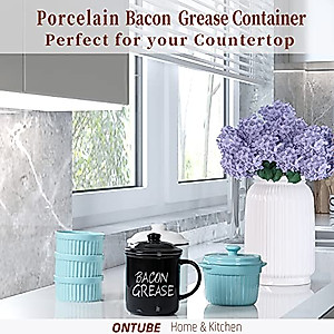 ONTUBE Ceramic Bacon Grease Container Keeper with Strainer (Black)