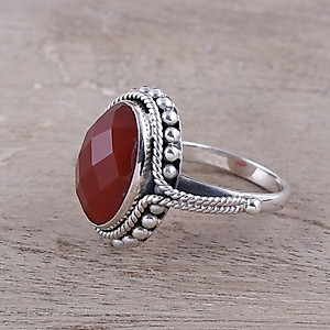 NOVICA Artisan Handmade Carnelian Cocktail Ring Artisan Crafted Sterling Silver Jewelry Red Single Stone India Marsala Birthstone [crownbezel 0.8 in L x 0.7 in W x 0.3 in H Band Width 2 mm W] ' Sun