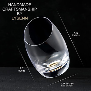 Lysenn Stemless Wine Glasses Set of 2 - Designer Hand Blown Crystal Whiskey Glasses - Unique Gold Base and Tilted Rim Brandy Snifter for Red Wine, Cocktails, Bourbon and Champagne – 10 oz.