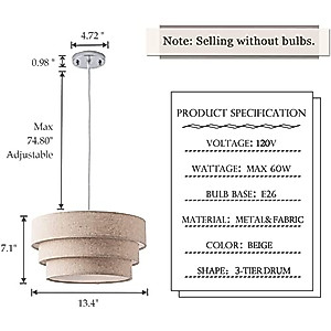 Yifi Deco Modern Pendant Ligh,13.4" Drum Hanging Lamp Fixture with 3-Tier Linen Fabrics Lampshade, Elegant Pendant Lighting for Dining Room, Bedroom, Kitchen Island, Entryway, Hallway