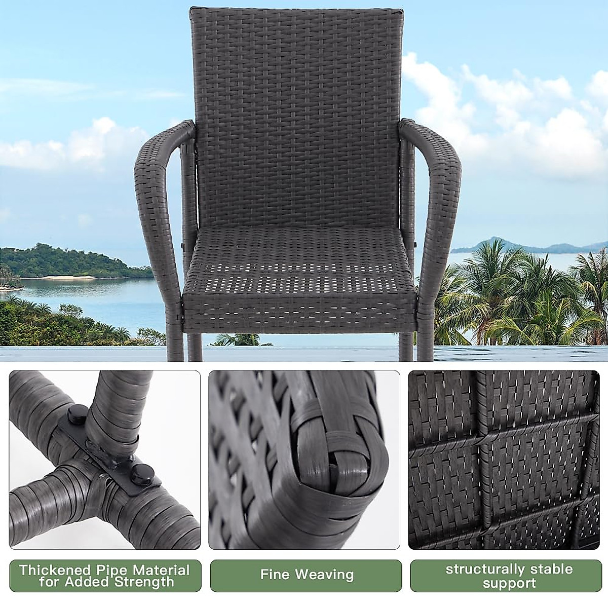 Outdoor Bar Stools Set of 2, 2-Piece Patio Bar Stools with Armrests, All Weather Rattan Bar Chairs with Backrest, Wicker Bar Stools for Backyard, Garden, Pool, Balcony and Deck, Dark Grey