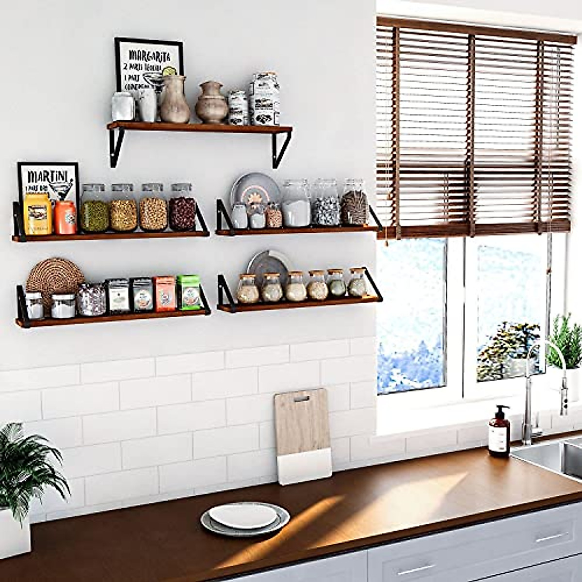 Wallniture Ponza Floating Shelves for Wall, 24" Floating Bookshelf, Wood Wall Shelves for Bedroom Decor, Walnut Set of 5