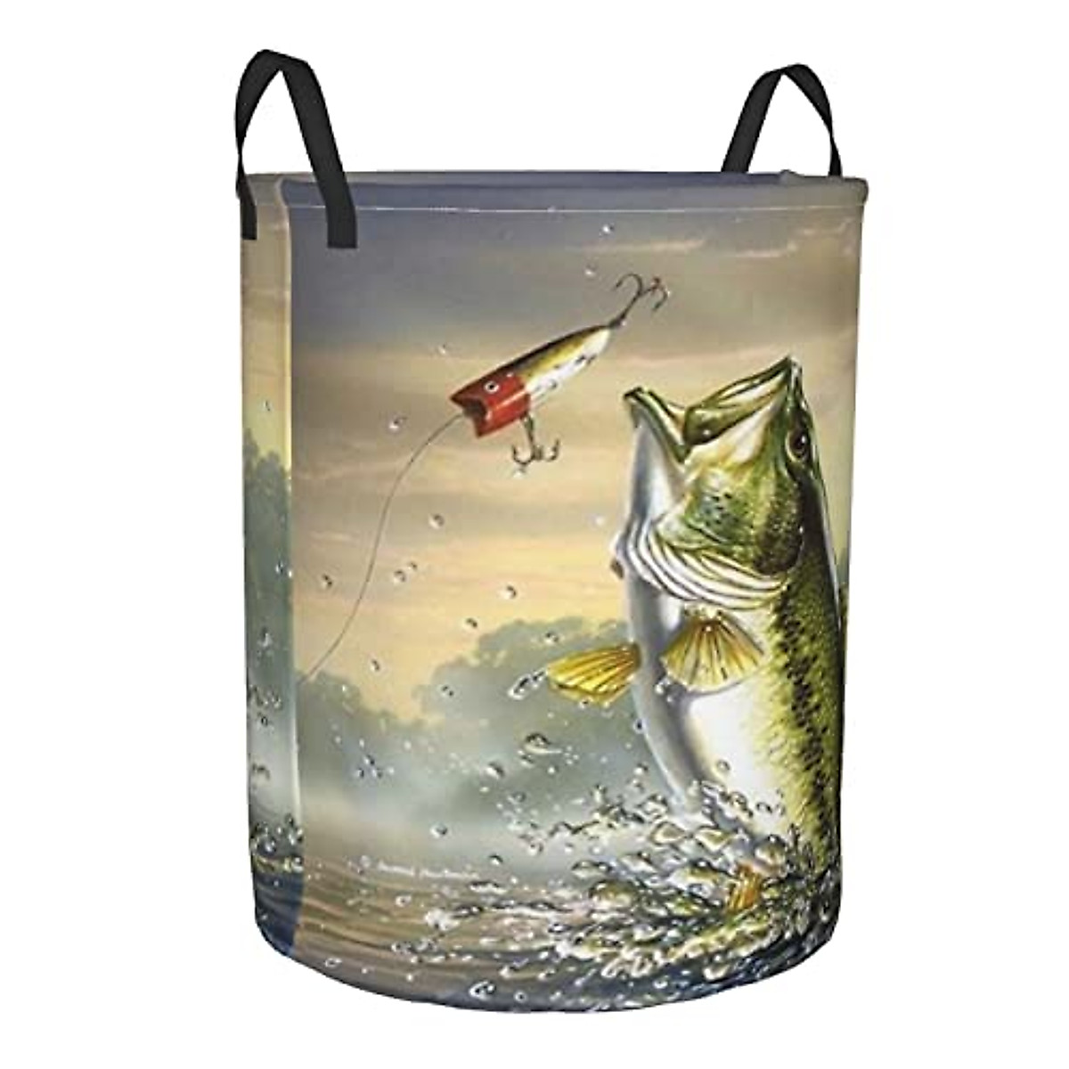 Duwrap Laundry Hamper Large Fish Bass Jumping Out Water Laundry Basket Bag With Lid Large Collapsible Laundry Cloth Washing Bin Household Organizer Bags Toy Storage Baskets For Bedroom Closet