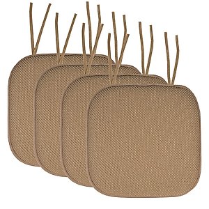 Sweet Home Collection Chair Cushion Memory Foam Pads with Ties Honeycomb Pattern Slip Non Skid Rubber Back Rounded Square 16" x 16" Seat Cover, 4 Pack, Taupe 4 Pack