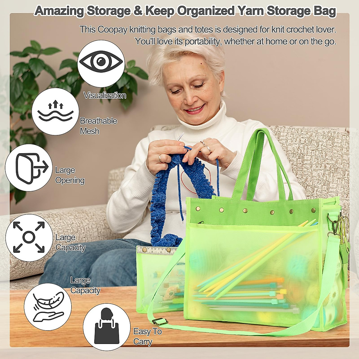 Coopay Crochet Bag for Storage of Yarn, Lightweight Mesh Yarn Bag with Case & Detachable Shoulder Strap, Portable Knitting Organizer Bag For All Knitting Crochet Supplies, Ideal Crochet Gift, Green